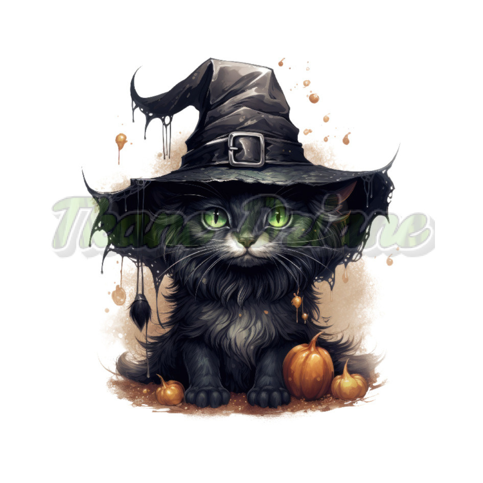 TkaneDziane.pl > PANEL DRUKOWANY KOT CZARNY W KAPELUSZU TŁO BIAŁE- KOCIAMBRY HALLOWEEN NR 4